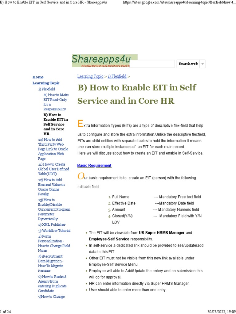 B) How To Enable EIT in Self Service and in Core HR - Shareapps4u | PDF | Databases | World Wide Web