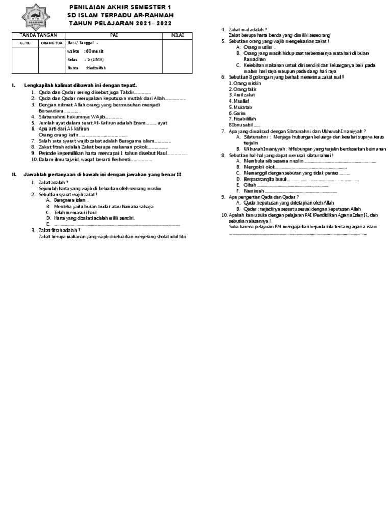 Pas Pai Kelas 5 Semester 1 2021 | PDF