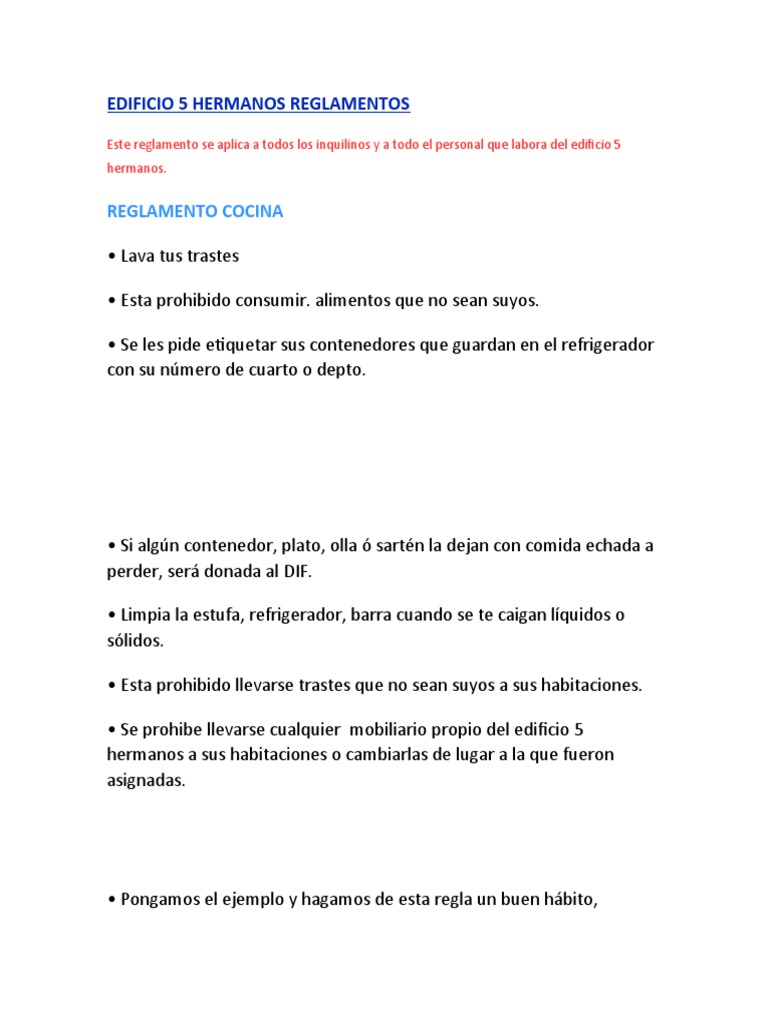 Reglamento Interno Edificio 5 Hermanos 1 | Descargar gratis PDF | Estufa de cocina | Residuos