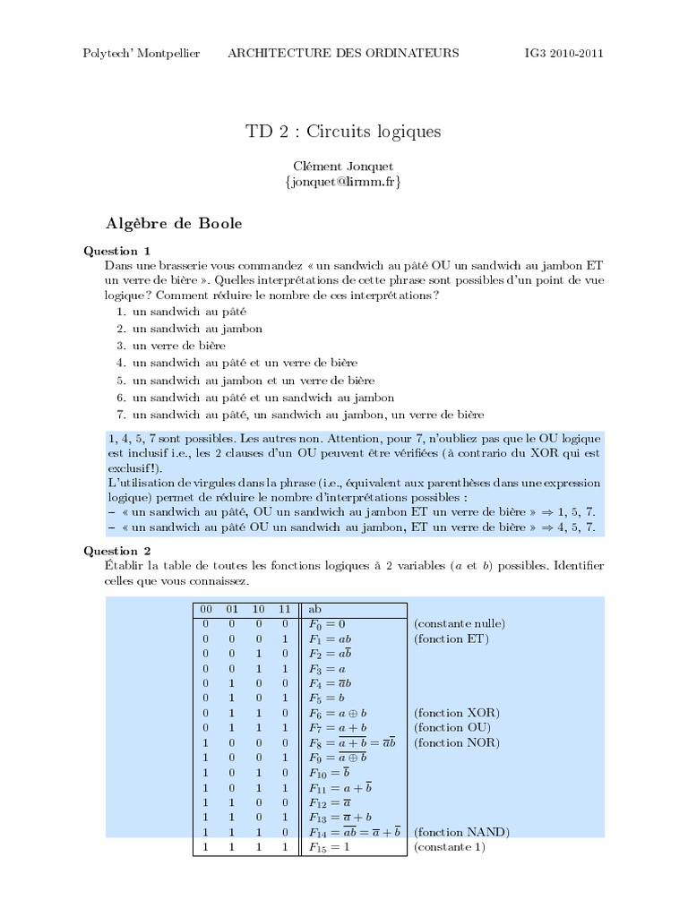 TD1 Architecture-E+S | PDF | Algèbre de Boole (logique) | Enseignement des mathématiques
