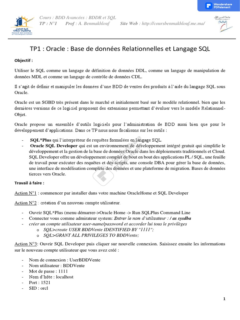 TP1: Oracle: Base de Données Relationnelles Et Langage SQL | PDF | Base de données Oracle ...