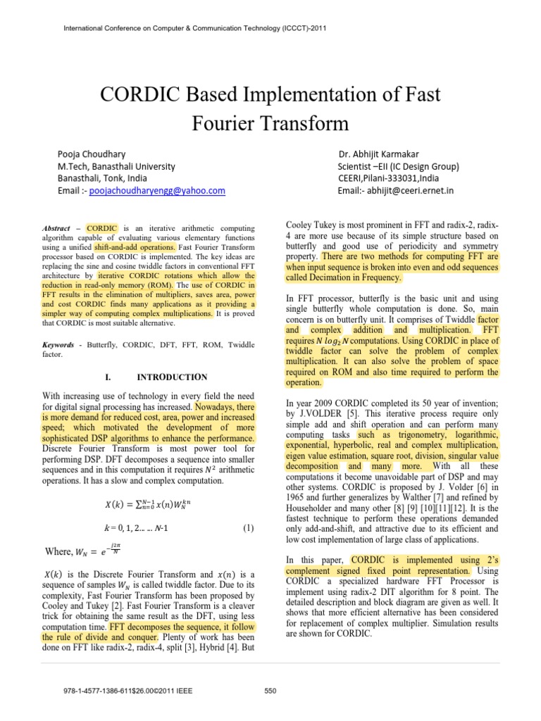 CORDIC Based Implementation of Fast Fourier Transform: - CORDIC Is An Iterative Arithmetic ...