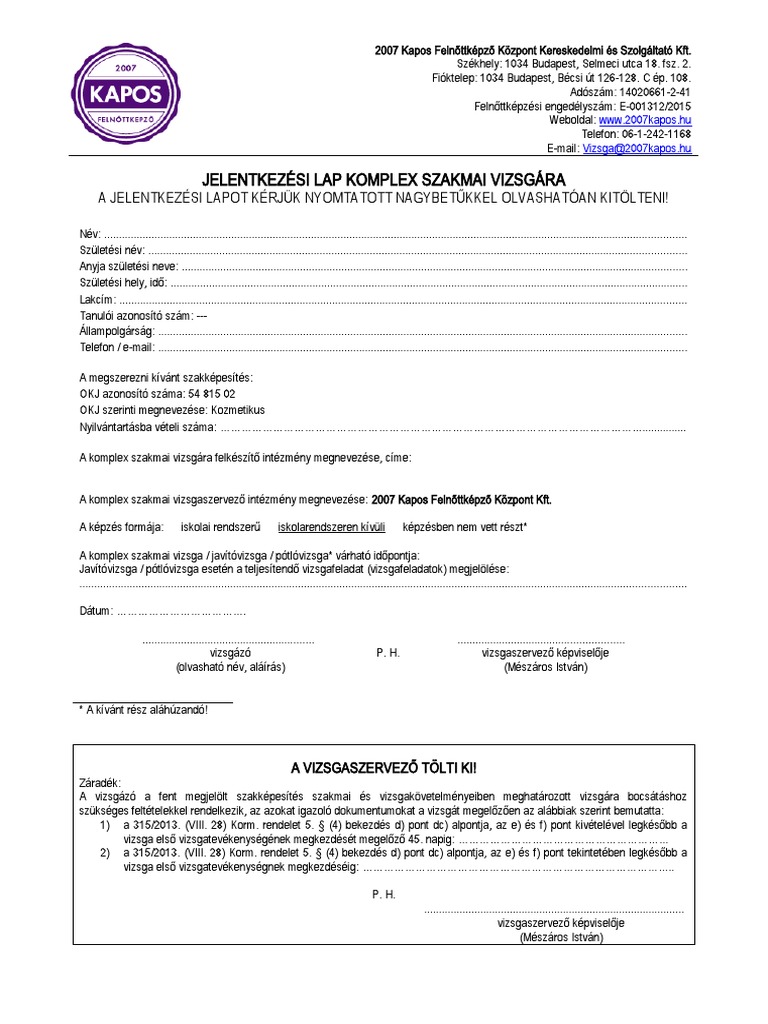 JelentkezÃ©si Lap Komplex Szakmai Vizsgã¡ra - 2022 | PDF