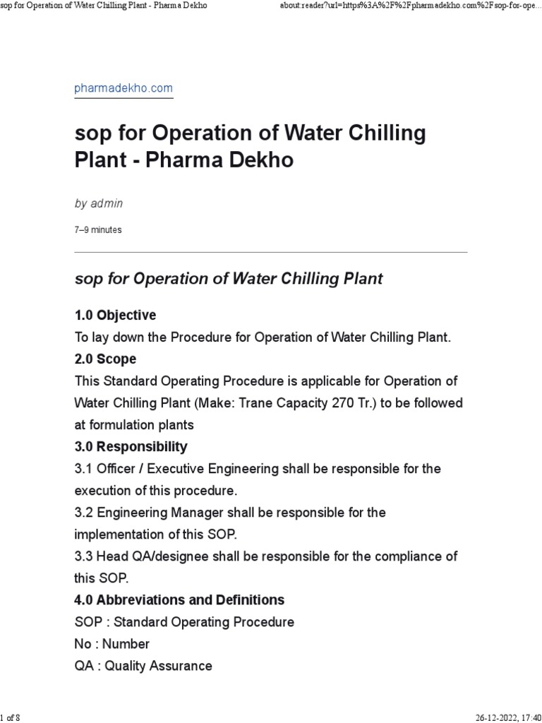 Sop For Operation of Water Chilling Plant - Pharma Dekho | PDF ...
