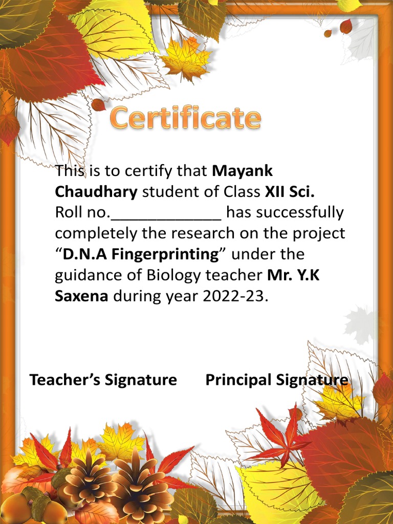 Certificate of Completion for a Research Project on DNA Fingerprinting ...