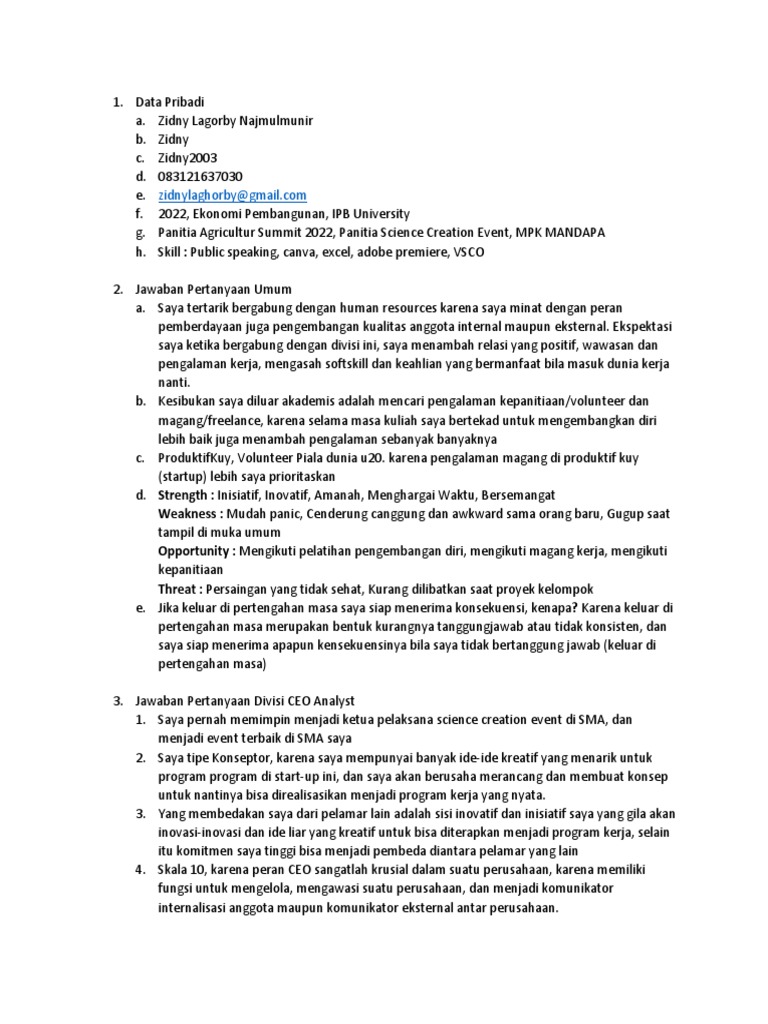 Resume - CEO Analyst - Zidny Lagorby Najmulmunir | PDF