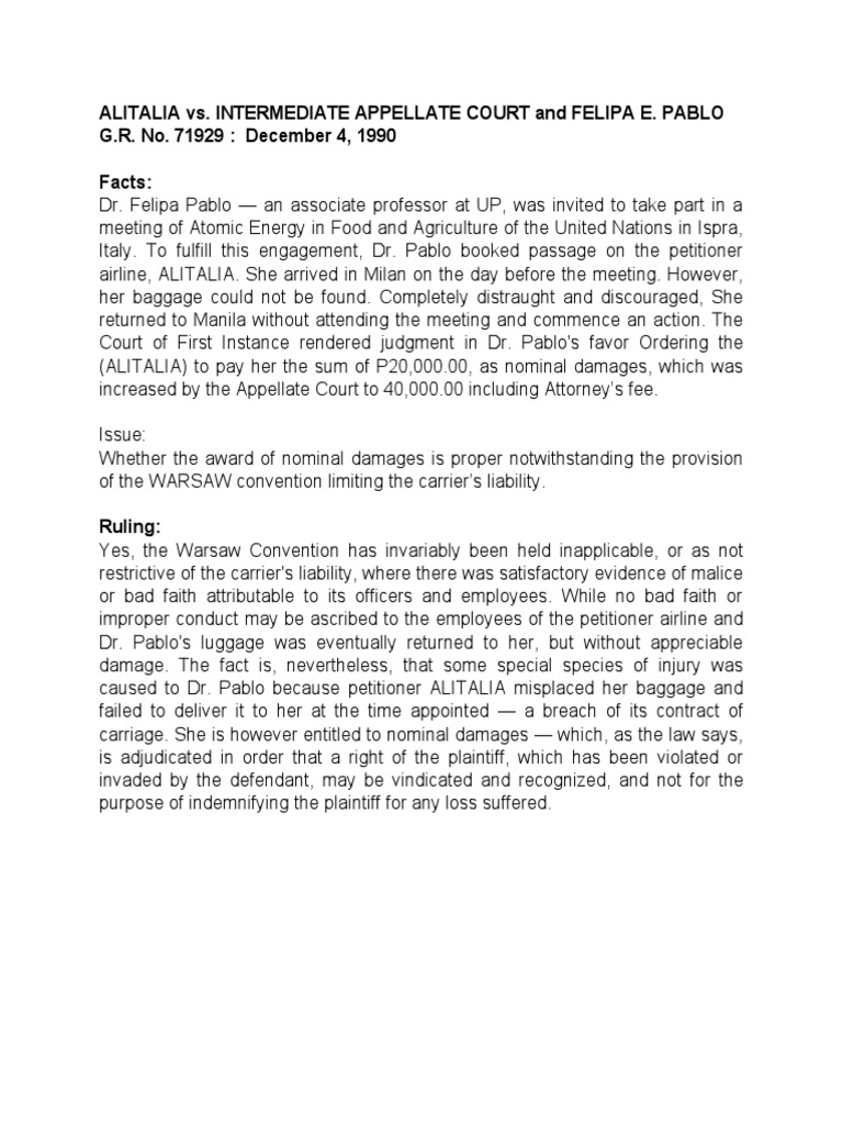 Cases On Nominal Damages - TranspoLaw | PDF | Damages | Lawsuit