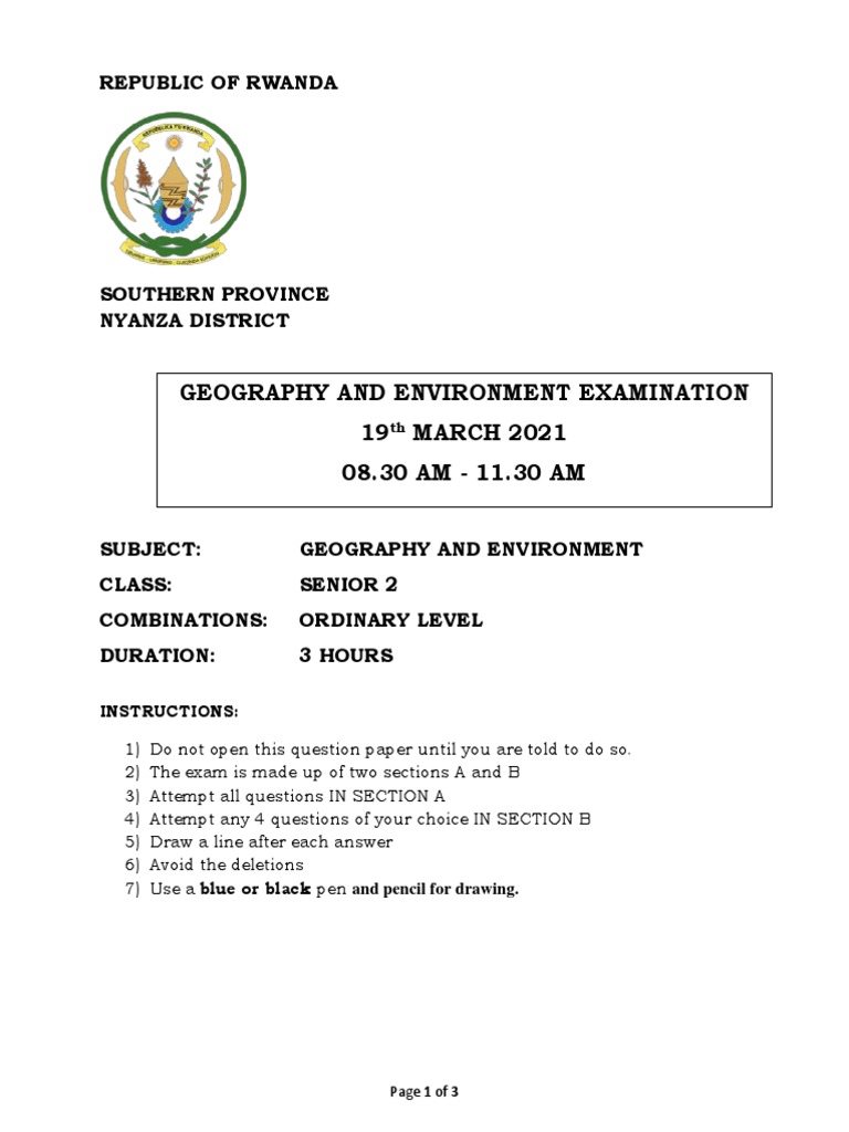 Geography Exam For S2 | PDF | Rwanda | Geography