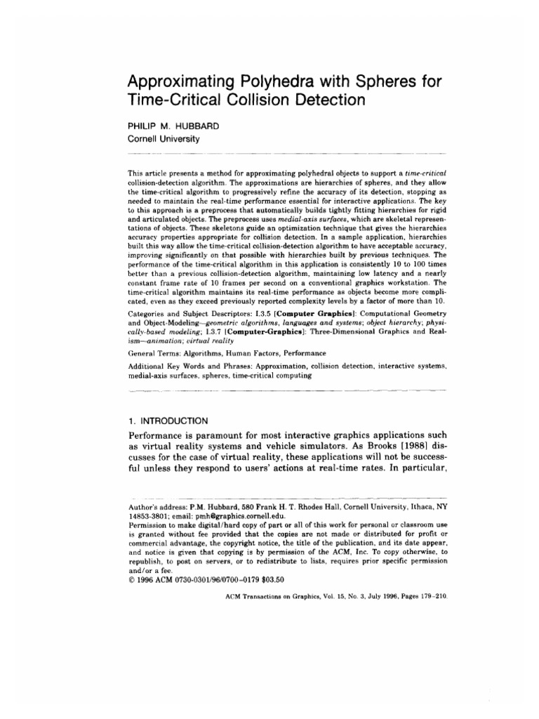 Approximating Polyhedra With Spheres For Time Critical Collision Detection Pdf Real Time