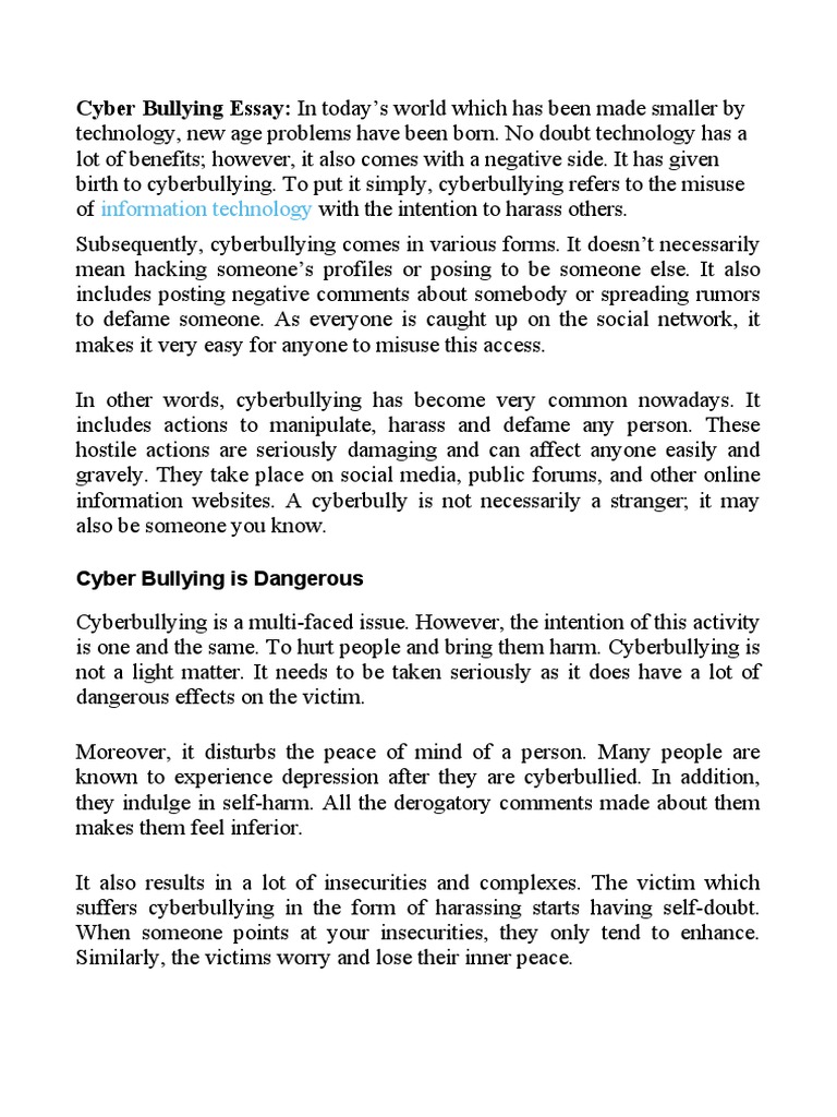 Cyber-Bullying-Essay | PDF | Cyberbullying | Bullying