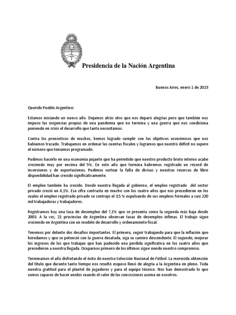Carta Del Presidente Al Pueblo | PDF | Argentina | Gobierno
