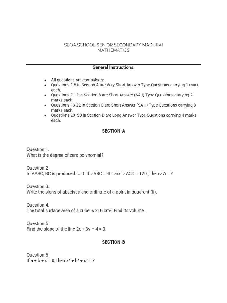 Mathematics Exam Paper for SBOA School | PDF