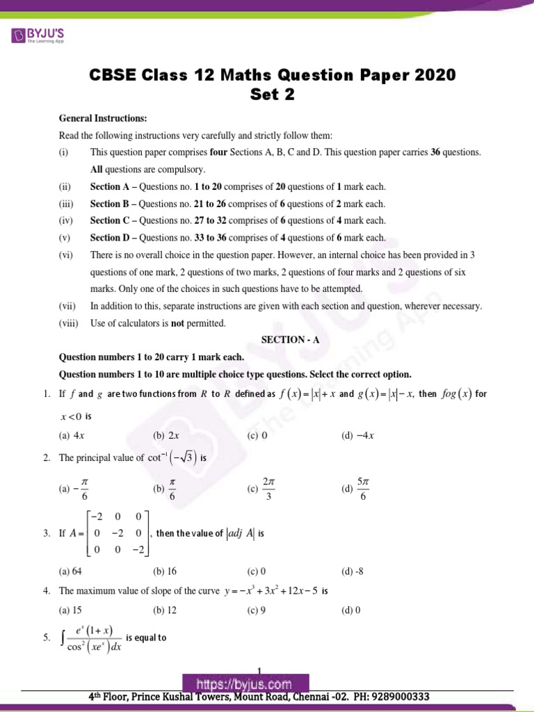 CBSE Class 12 Maths Question Paper 2020 Set 2 | PDF | Matrix (Mathematics) | Equations