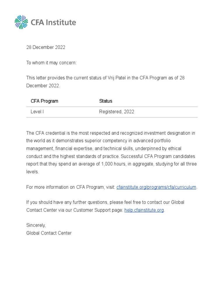 CFA Program Status Verification Letter | PDF