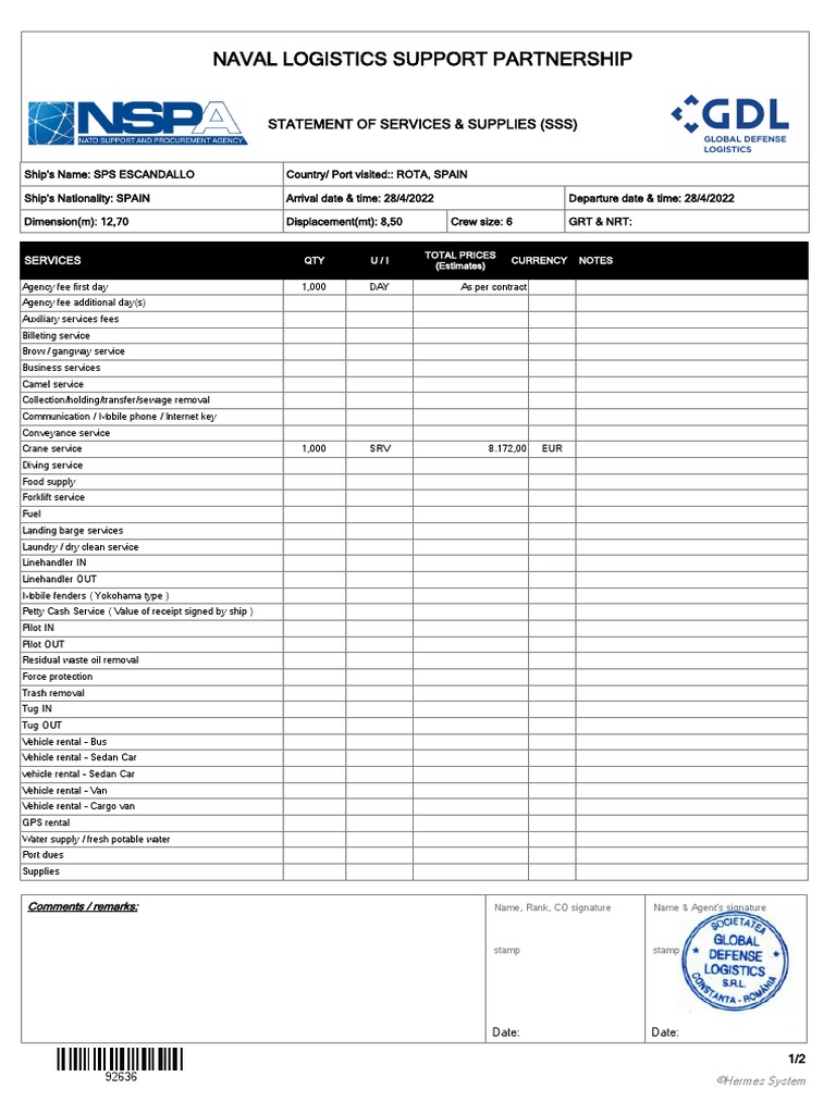 Naval Logistics Support Partnership: Statement of Services & Supplies ...