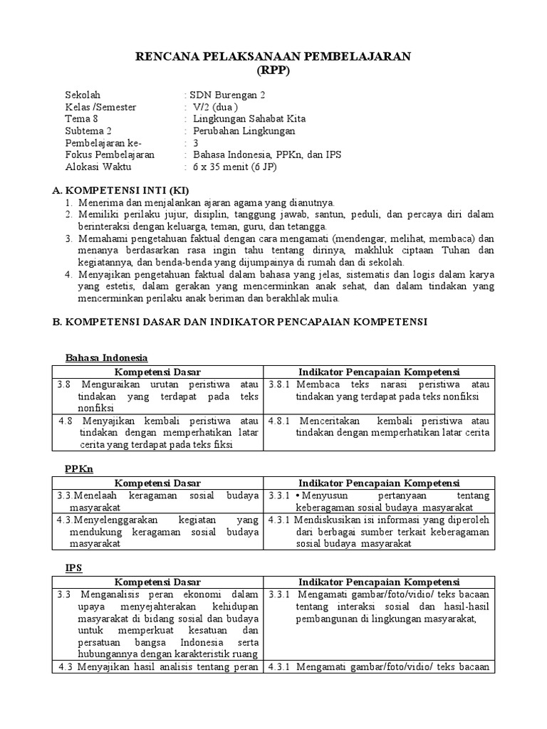 RPP Tema 8 Sub 2 PBL 3 Kelas 5 | PDF | Karier & Perkembangan