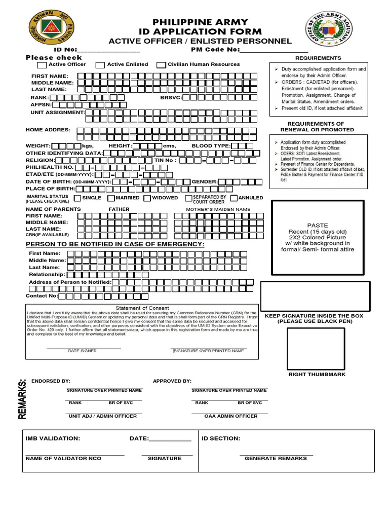 Philippine Army ID Application Form | PDF