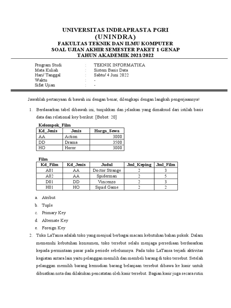 Soal UAS Sistem Basis Data Unindra | PDF