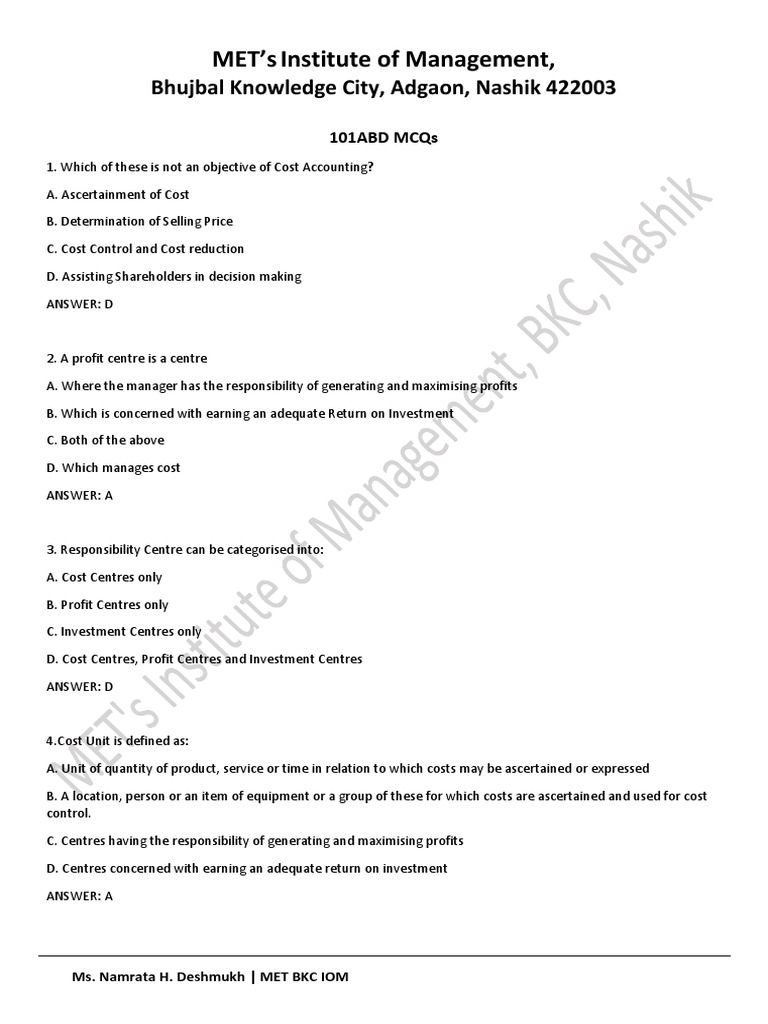 101 ABD 100 MCQs | PDF | Inventory | Cost