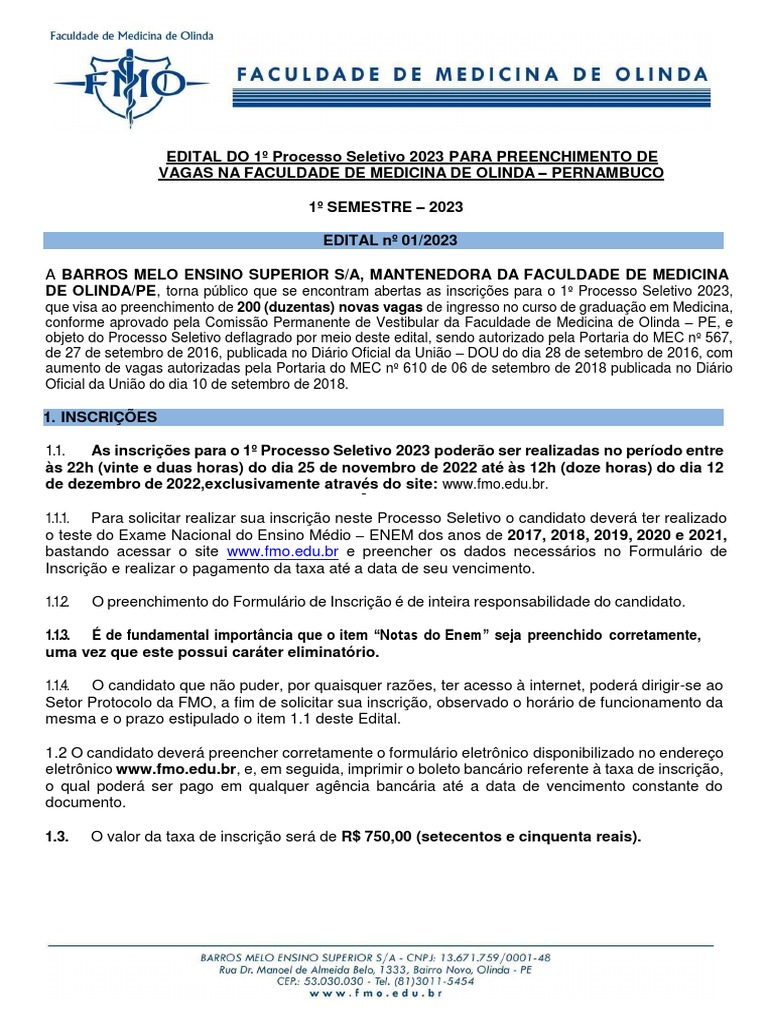 Edital de Vestibular FMO 2023.1 | PDF