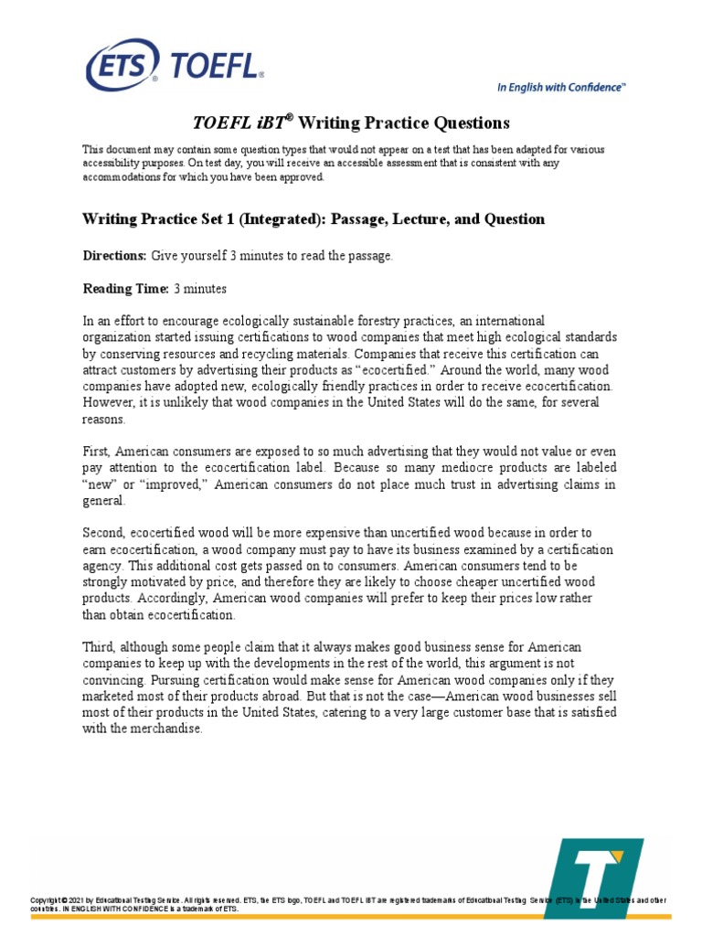 TOEFL iBT® Writing Practice Questions | PDF | Test Of English As A ...