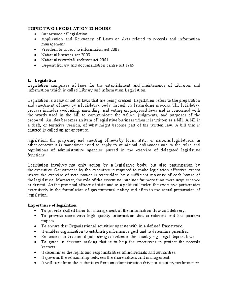 Topic 2 Legislation 12 Hours | PDF | Freedom Of Information Laws By ...