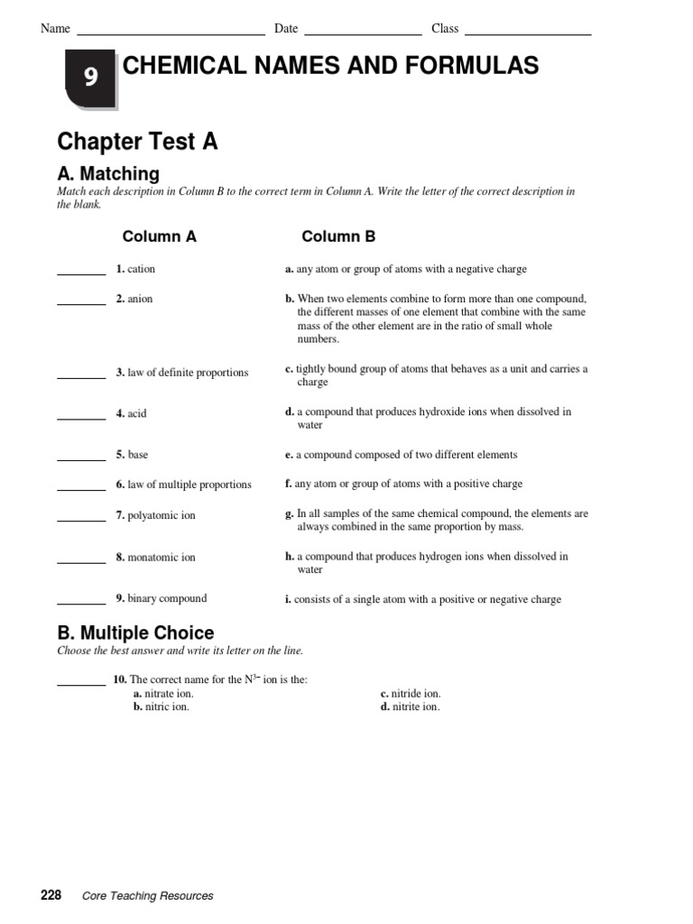 Chemical Names and Formulas Test | PDF | Ion | Chemical Compounds