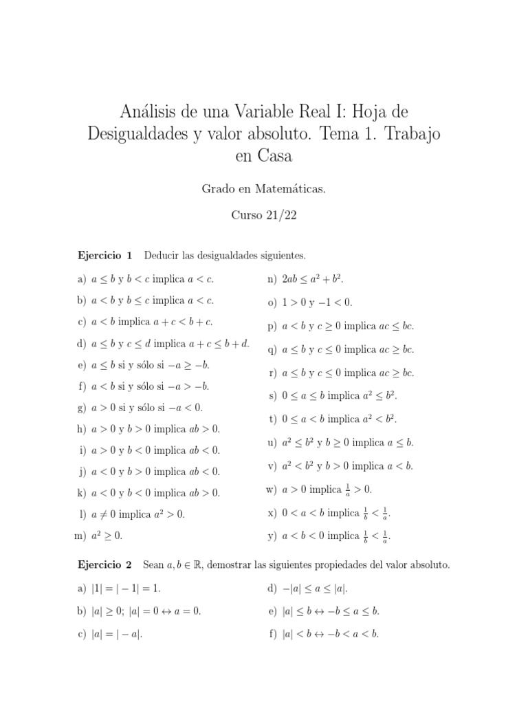 Ejercicios de Desigualdades y Valor Absoluto | PDF | Análisis complejo | Álgebra