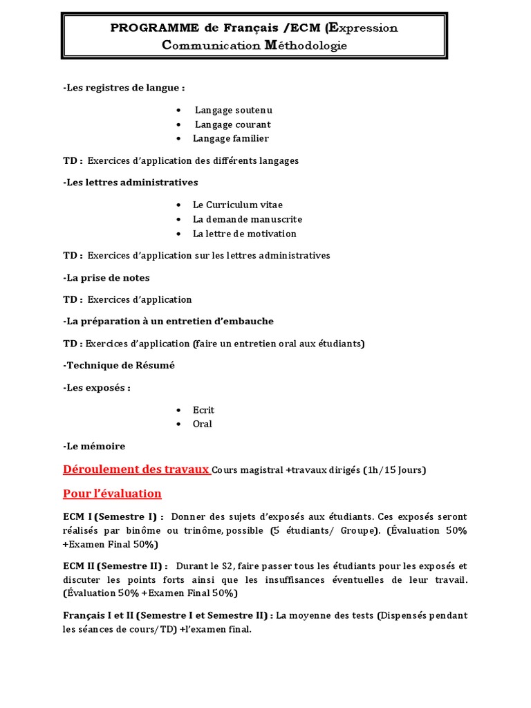Programme de Ecm-Francais | PDF