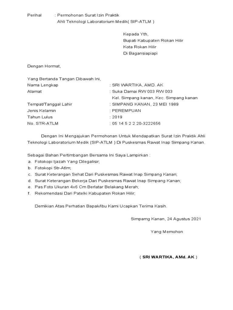 Permohonan SIP Ahli Teknologi Laboratorium | PDF
