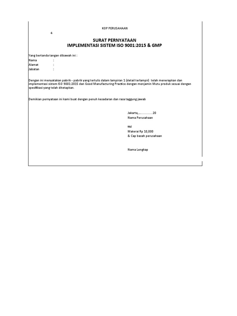 Surat Pernyataan Penerapan ISO 9001. 2015 & GMP | PDF | Bisnis