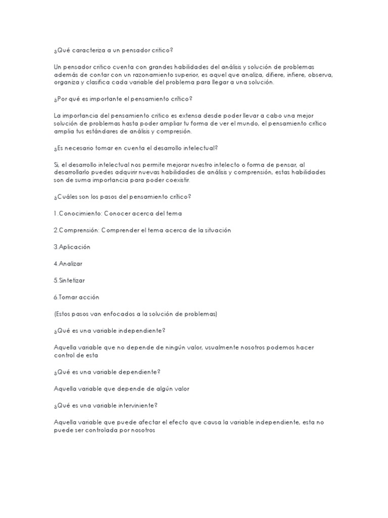 Preguntas | PDF | Pensamiento | Pensamiento crítico