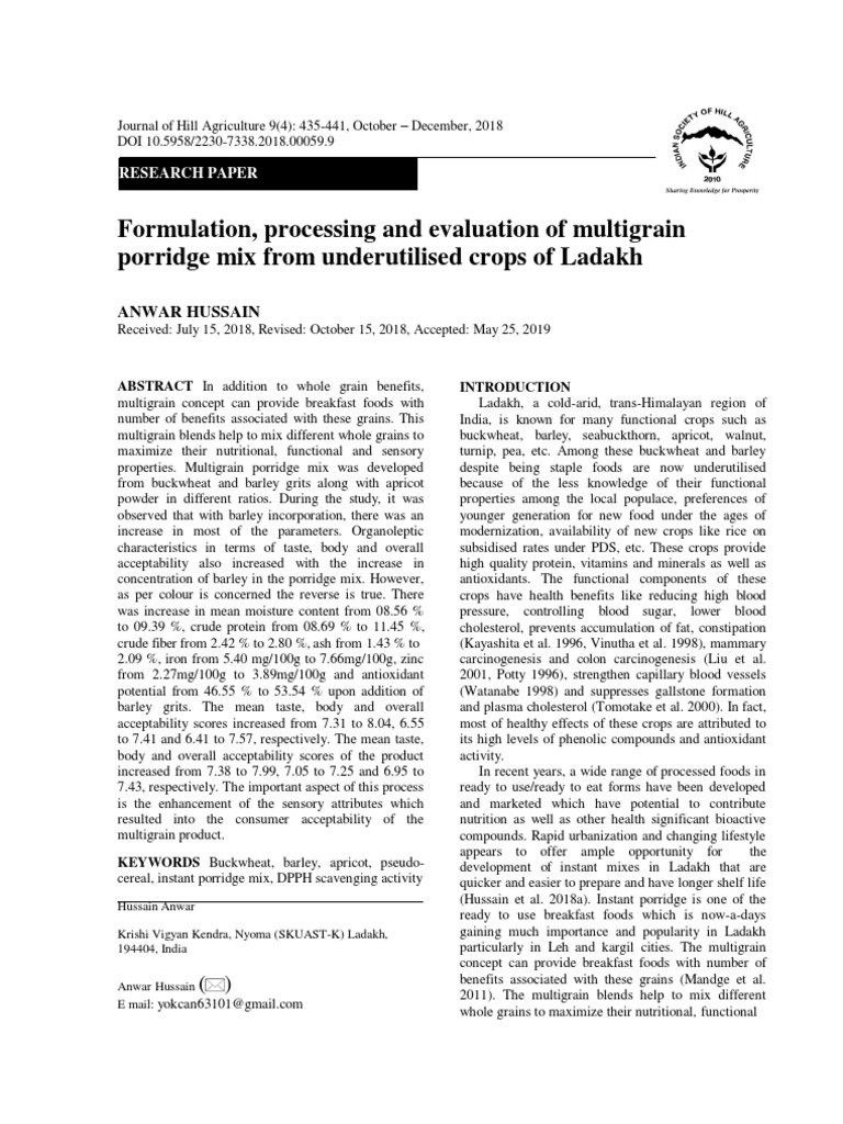 Formulation, Processing and Evaluation of Multigrain Porridge Mix From ...