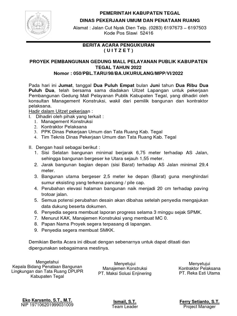 Berita Acara Uitzet Mall Tegal 2022 | PDF