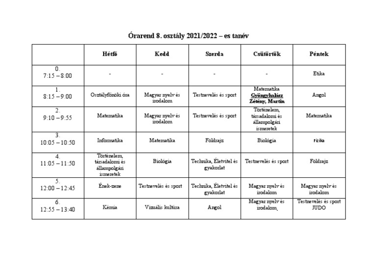 Órarend 8 Osztály | PDF