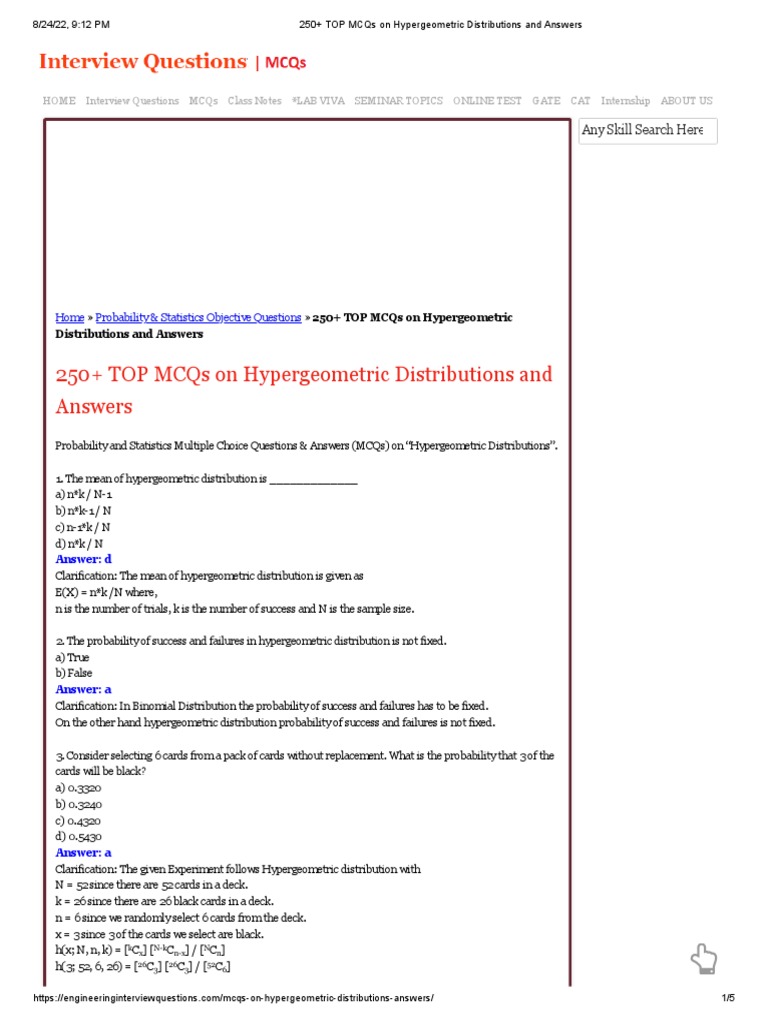 Hypergeometric Distribution MCQs and Answers | PDF | Probability ...