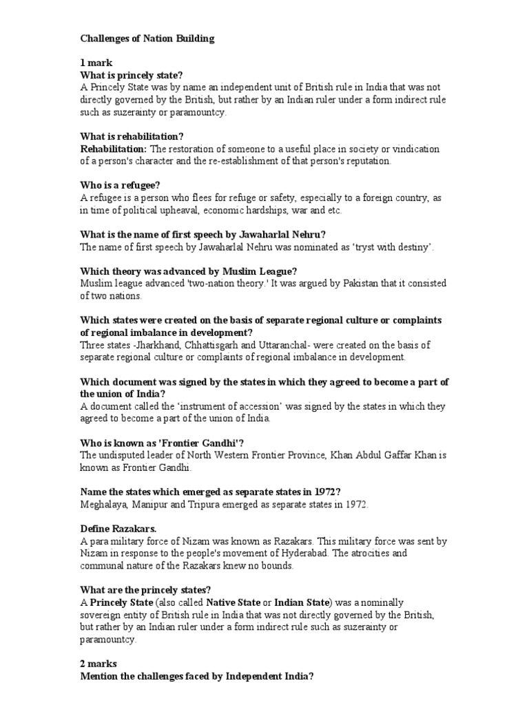Challenges of Nation Building | PDF | Partition Of India | British Raj