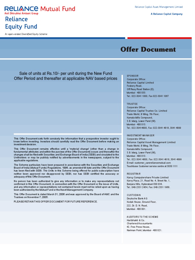 New Fund Offer of Reliance Capital Mutual Fund | PDF | Derivative (Finance) | Mutual Funds