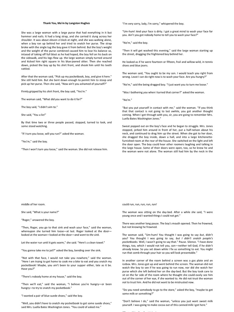 Thank You M'Am by Langston Hughes | PDF