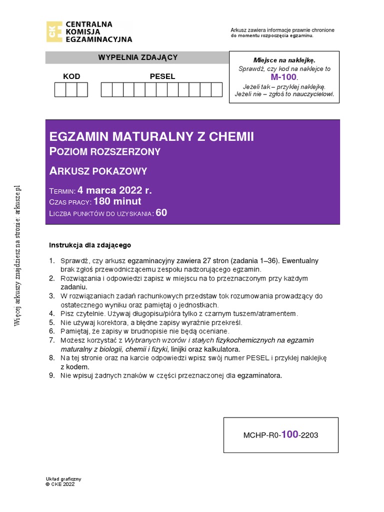 Chemia 2023 Przykladowy Arkusz Cke Rozszerzona | PDF