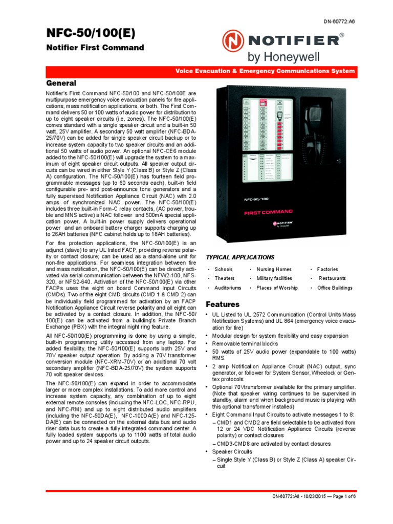 Ficha Audio Evacuacion Notifier NFC-50-100E | PDF | Amplifier | Loudspeaker