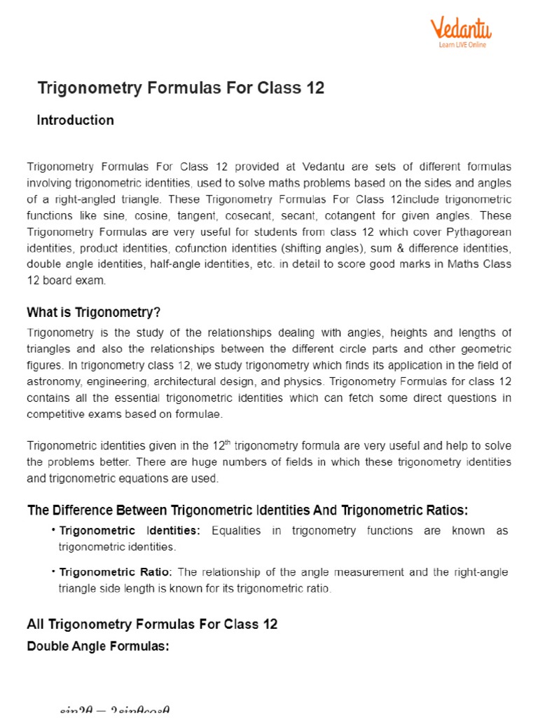 Trigonometry Formulas For Class 12 | PDF
