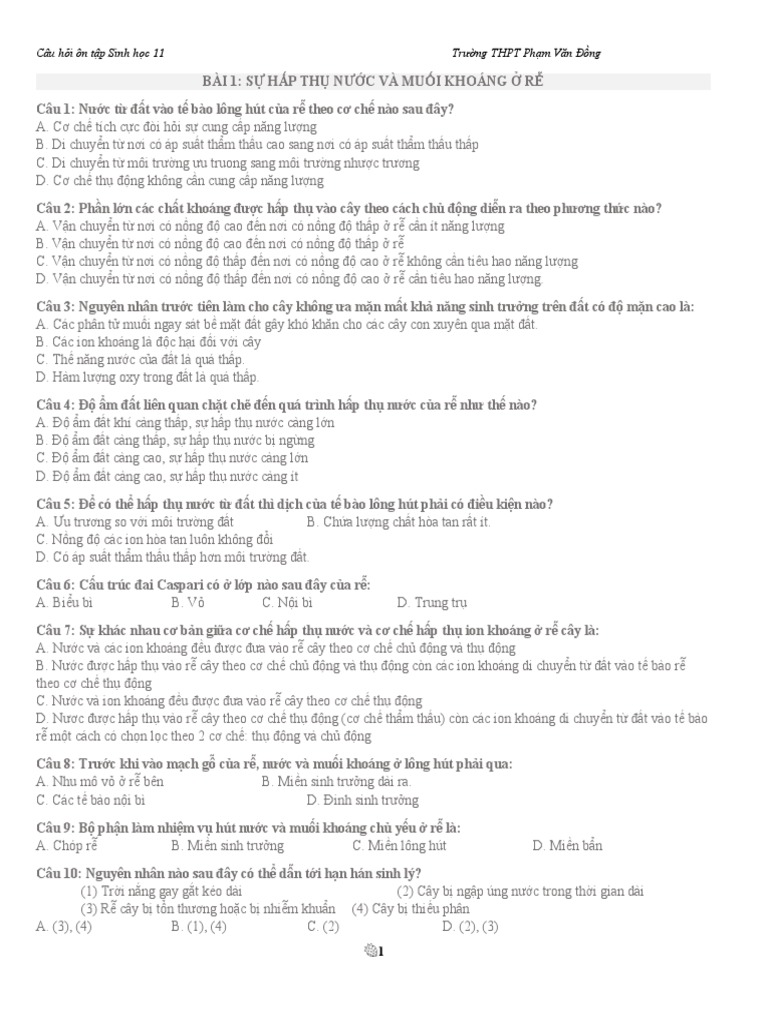 Trắc Nghiệm Sinh Học 11 - HK1 | PDF