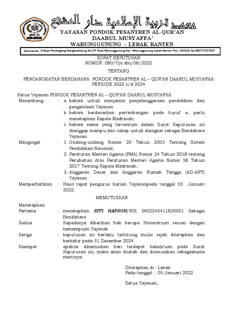 Pengangkatan Bendahara Yayasan 2022-2024 | PDF