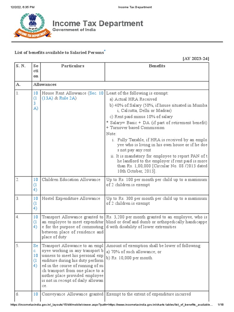 Income Tax Department - BENEFITS AND SEC | PDF | Employee Benefits | Expense