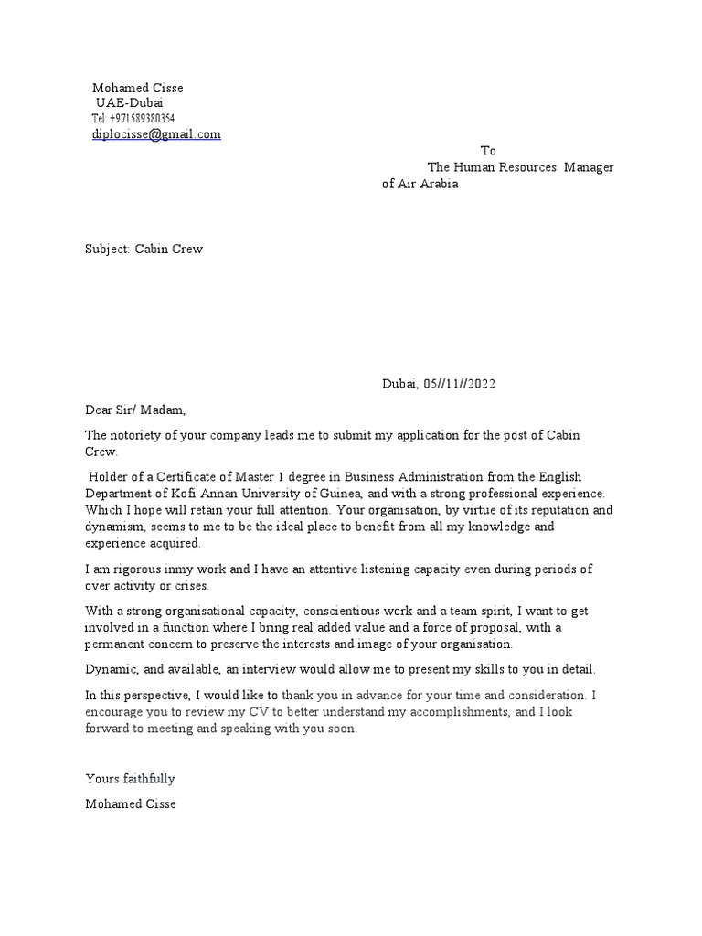 Cover Letter Cabin Crew | PDF