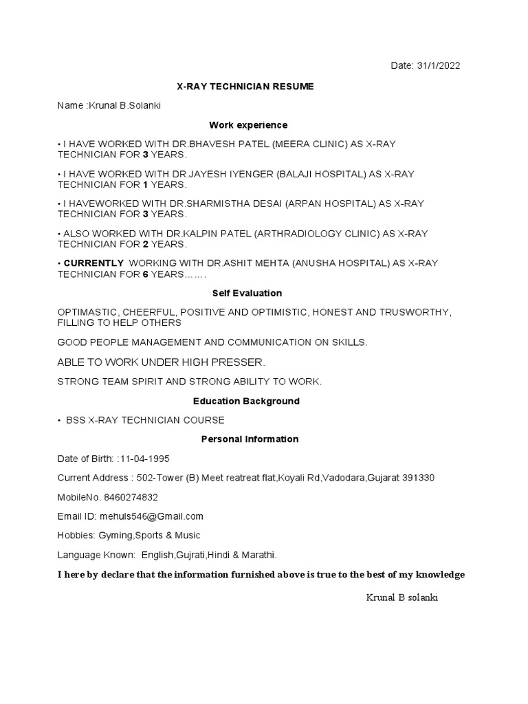 X Ray Tech Resume 30.1.2022 | PDF
