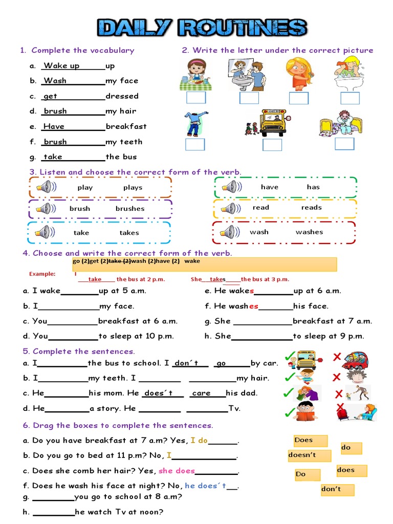 Daily Routine Verbs Practice | PDF | Language Arts & Discipline