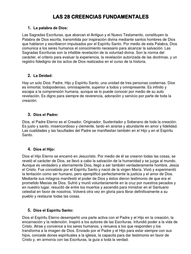 Las 28 Creencias Fundamentales | PDF | eucaristía | Salvación