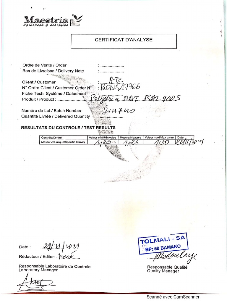 Certificat D Analyse | PDF